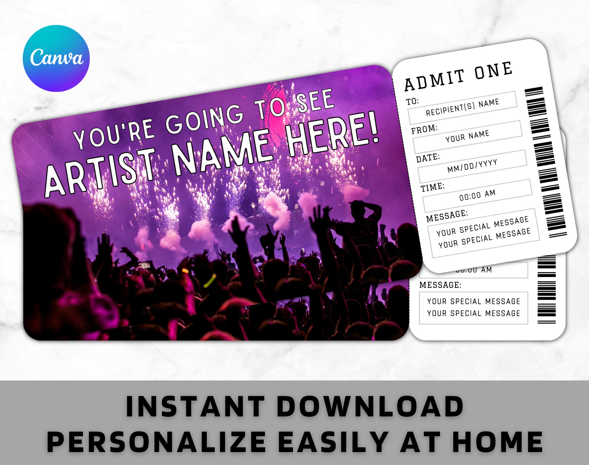 Editable Canva Concert Ticket Template - Concert Ticket Template Gift ...