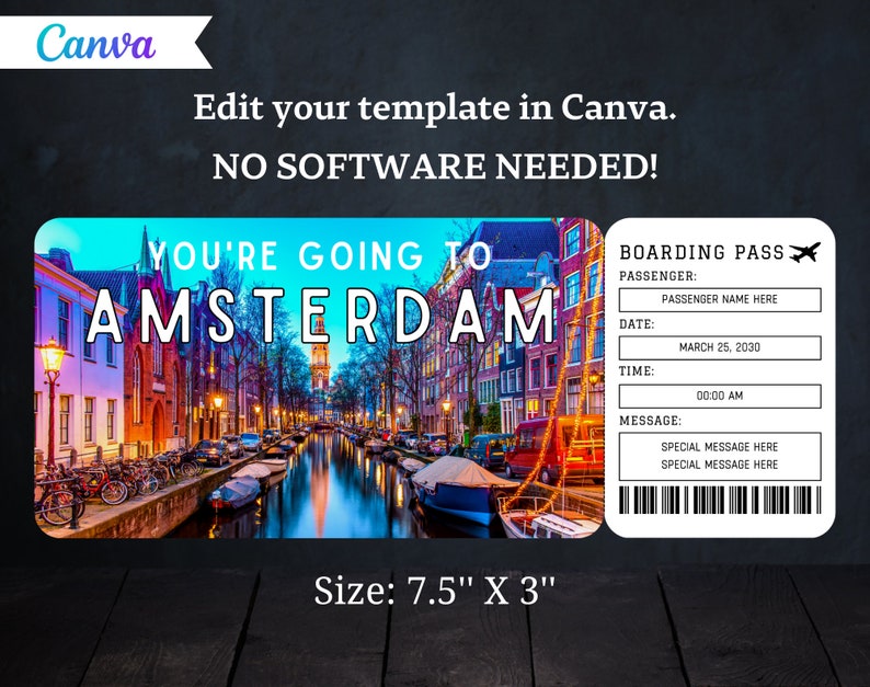 Amsterdam Boarding Pass Ticket Template - Printable Gift Airplane ...
