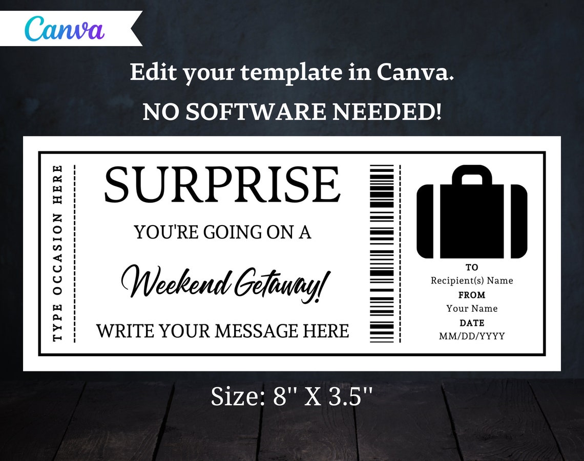Surprise Weekend Getaway Ticket Certificate Voucher Card Template ...