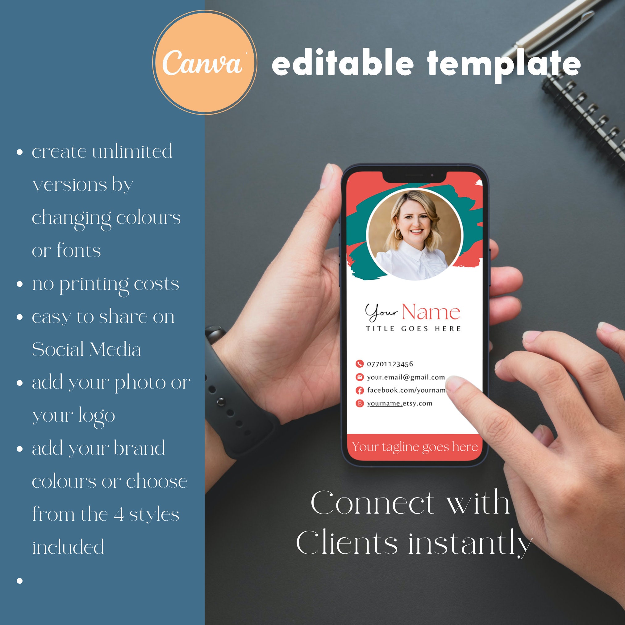 Digital Business Card Template, Canva DIY Editable Template Perfect for ...