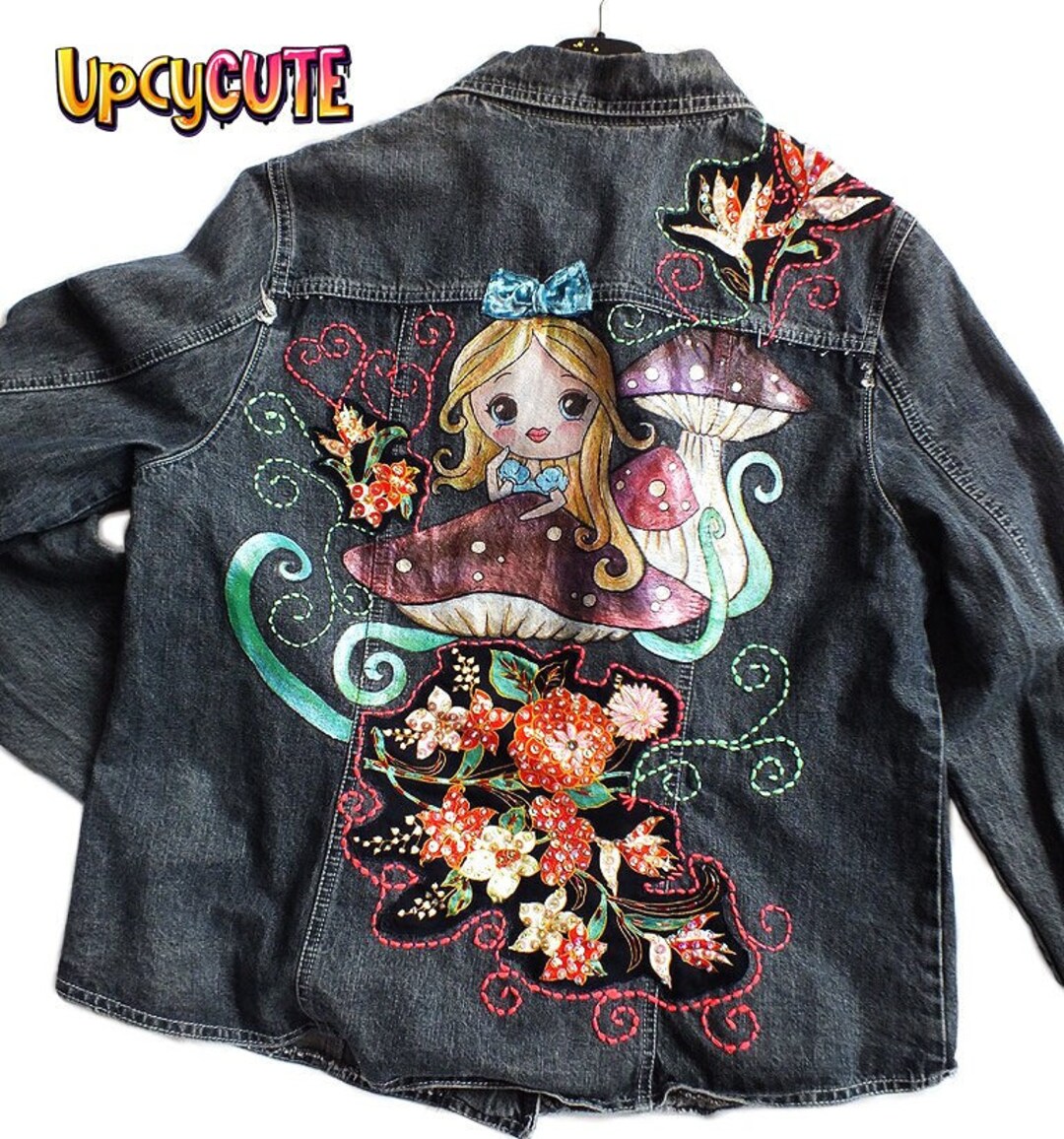 Hand Painted Denim Jacket Soft Jean Jacket Alice on Mushroom - Etsy