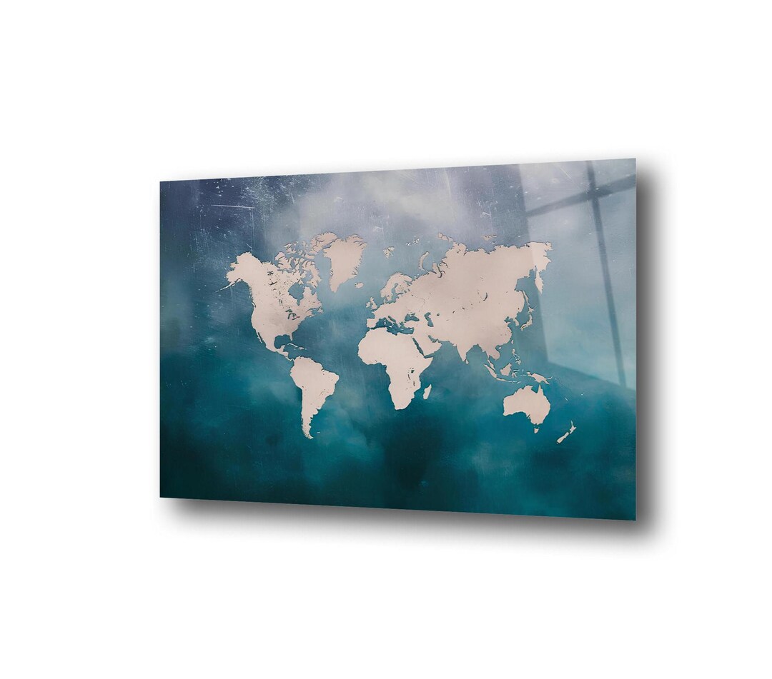 World Map Blue-silver Glass Wall Art Glass Wall Decor Tempered Glass ...
