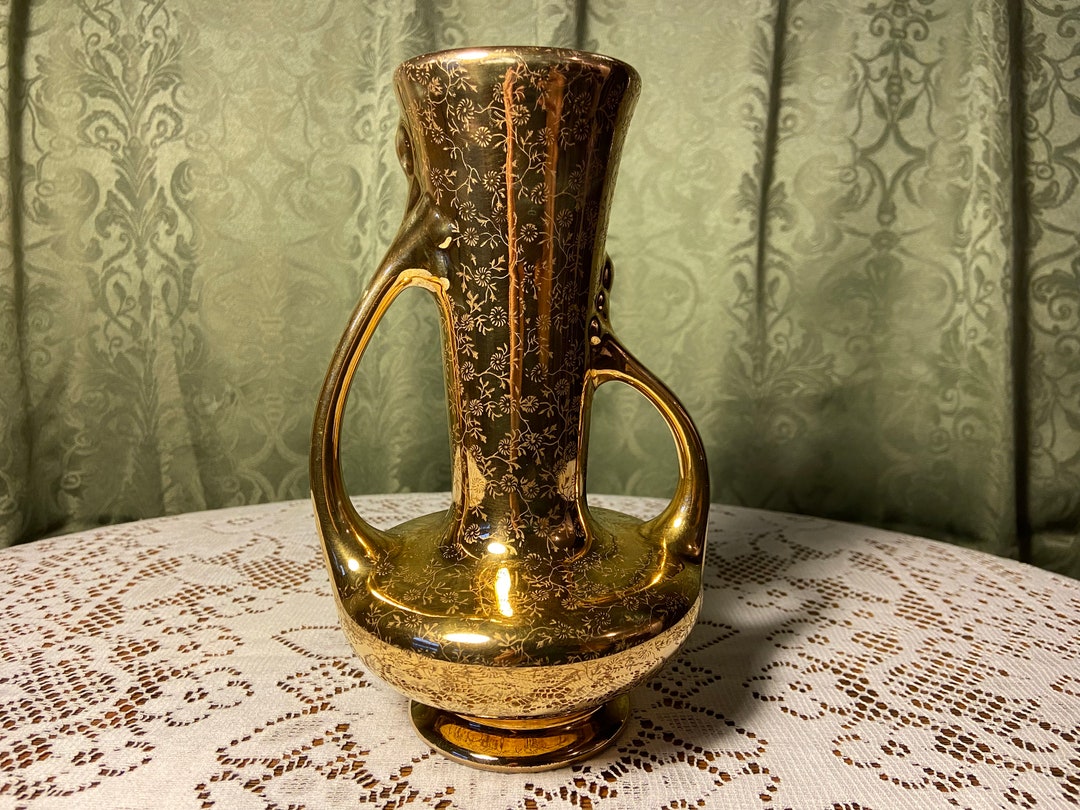 Vintage Gold Art Deco Vase, Marked Guaranteed 22K Gold USA, With Etched ...