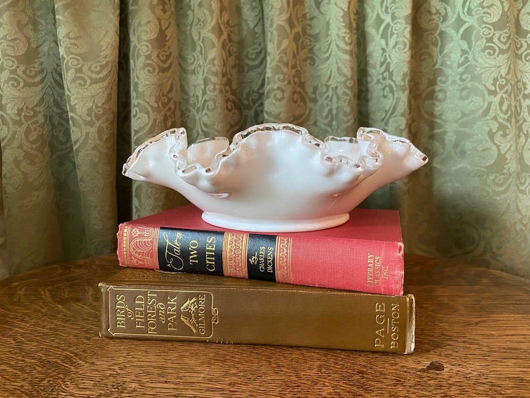 White Fenton Silver Crest Bowl, Ruffled Edge, Medium Size, Milk Glass ...