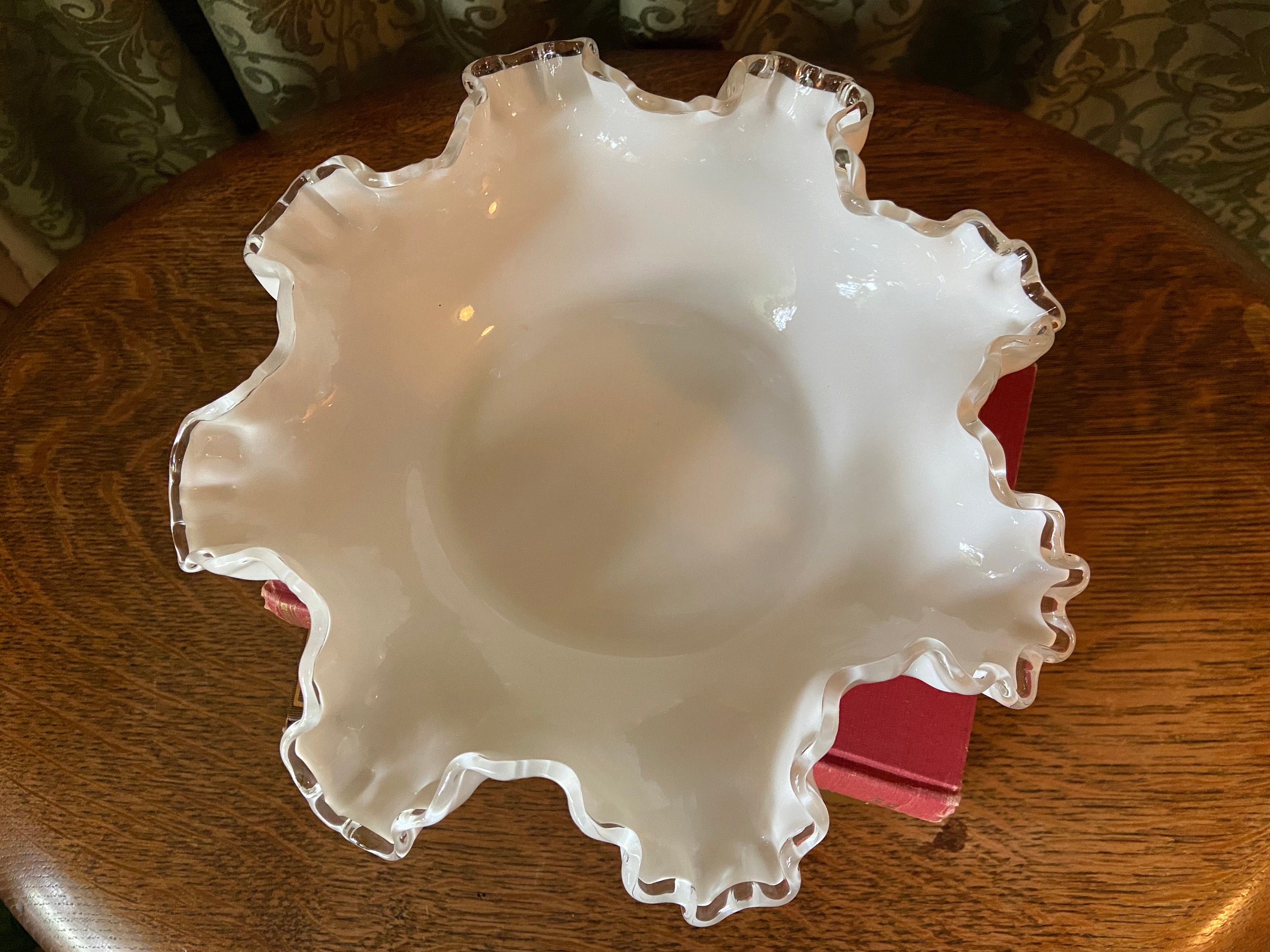 White Fenton Silver Crest Bowl, Ruffled Edge, Medium Size, Milk Glass ...
