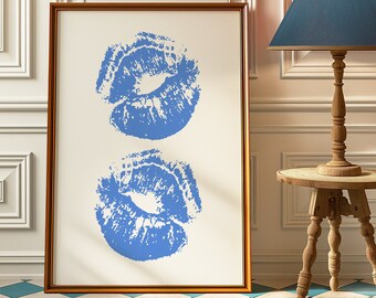 Navy Blue Lips Kiss Wall Art Aesthetic Trendy Wall Art Blue Art Print ...