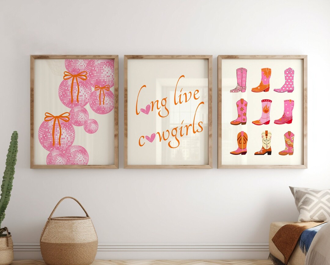 Long Live Cowgirls Digital Print Set of 3- Pink Orange Coastal Cowgirl ...