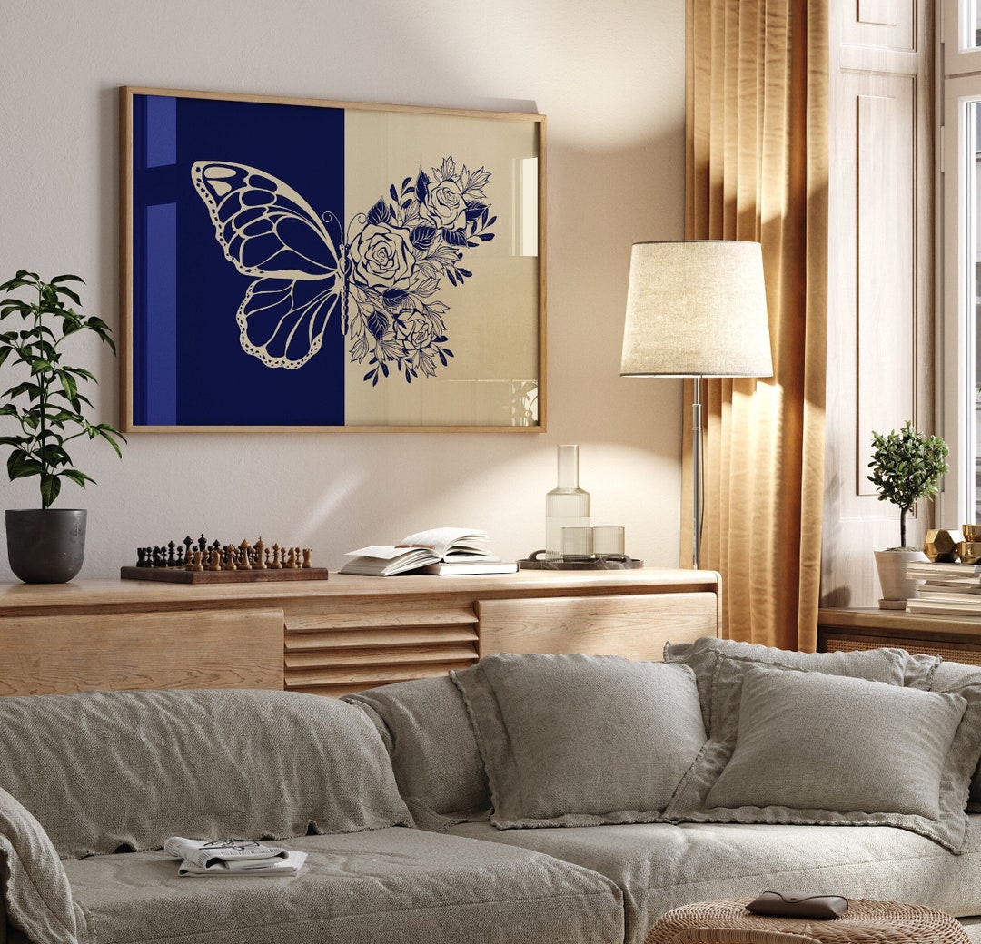 Butterfly Printable Wall Art, Beige Blue Butterfly Poster Digital ...