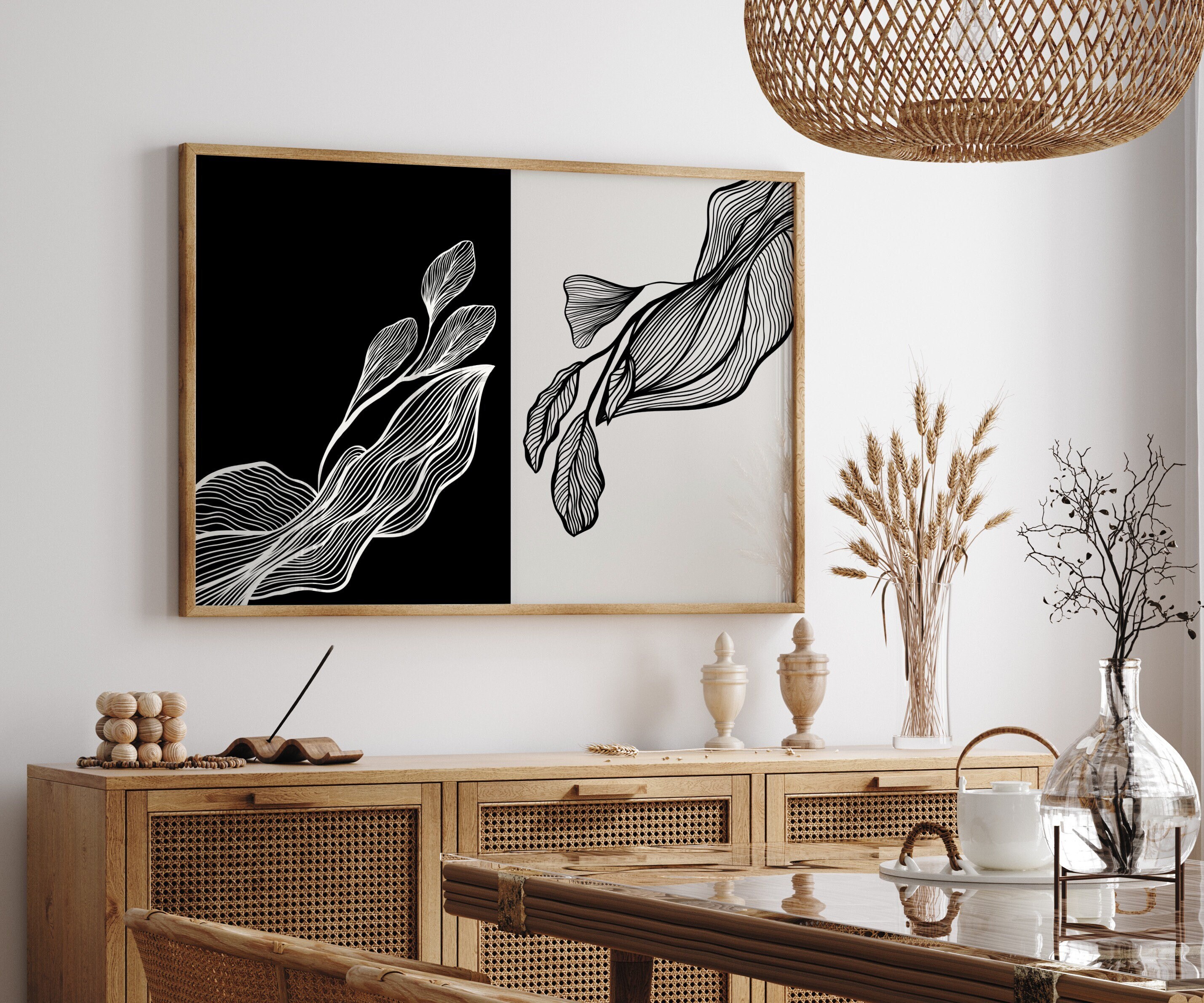 Horizontal Abstract Black Whie Line Print Wall Art, Modern Abstract ...