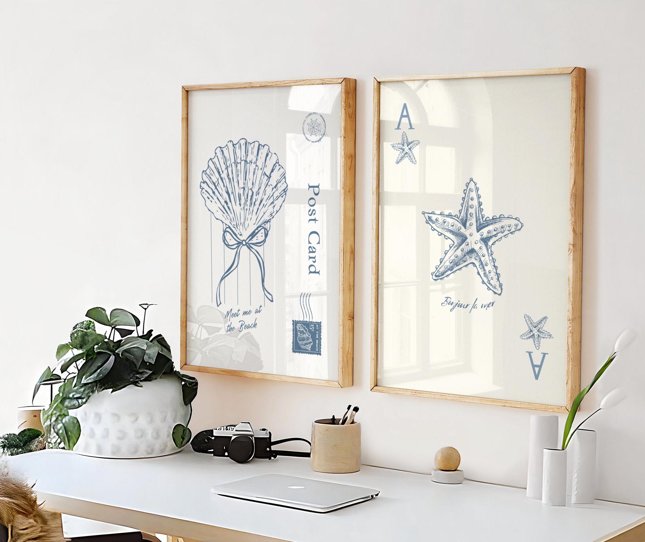 Coastal Wall Art Set for Beach House Decor With Blue Seashell Prints ...