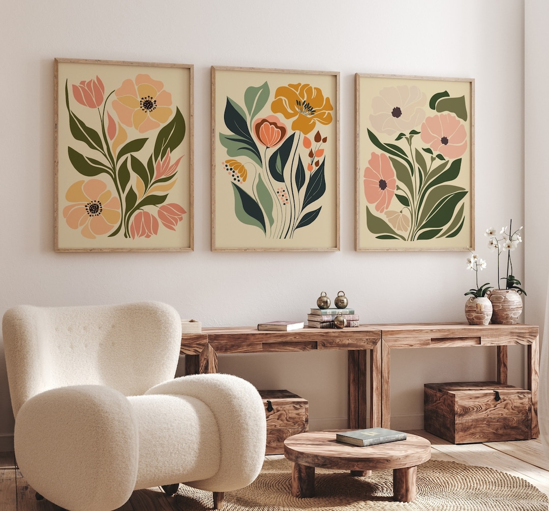 Boho Floral Art Print Set: Terracotta Abstract Flowers (digital ...
