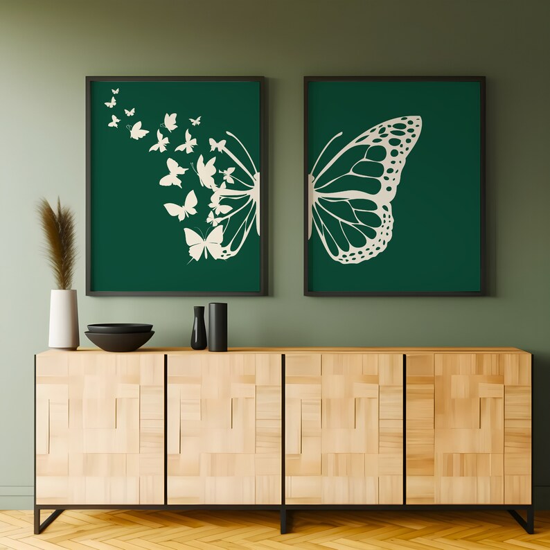 Emerald Green Butterfly Print Set: Minimalist Wall Art (digital ...