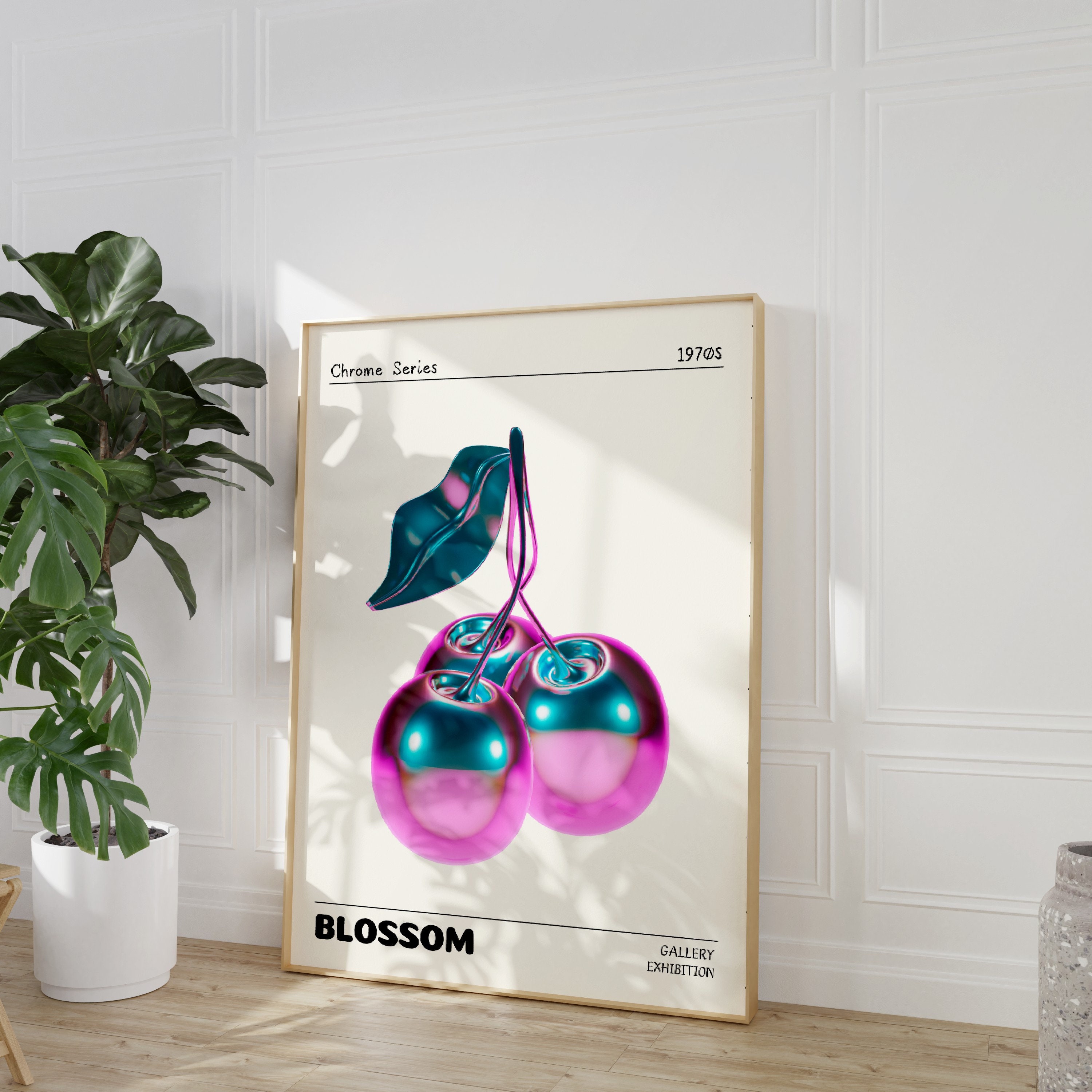 Metallic Cherry Poster,vibrant Chrome Holographic,retro Abstract Poster ...
