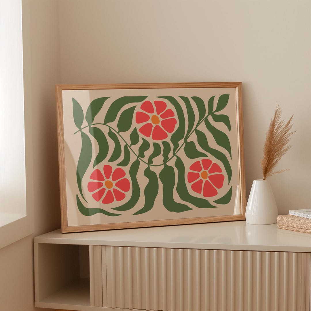 Matisse Style Botanical Print: Green & Red Abstract Art (digital ...