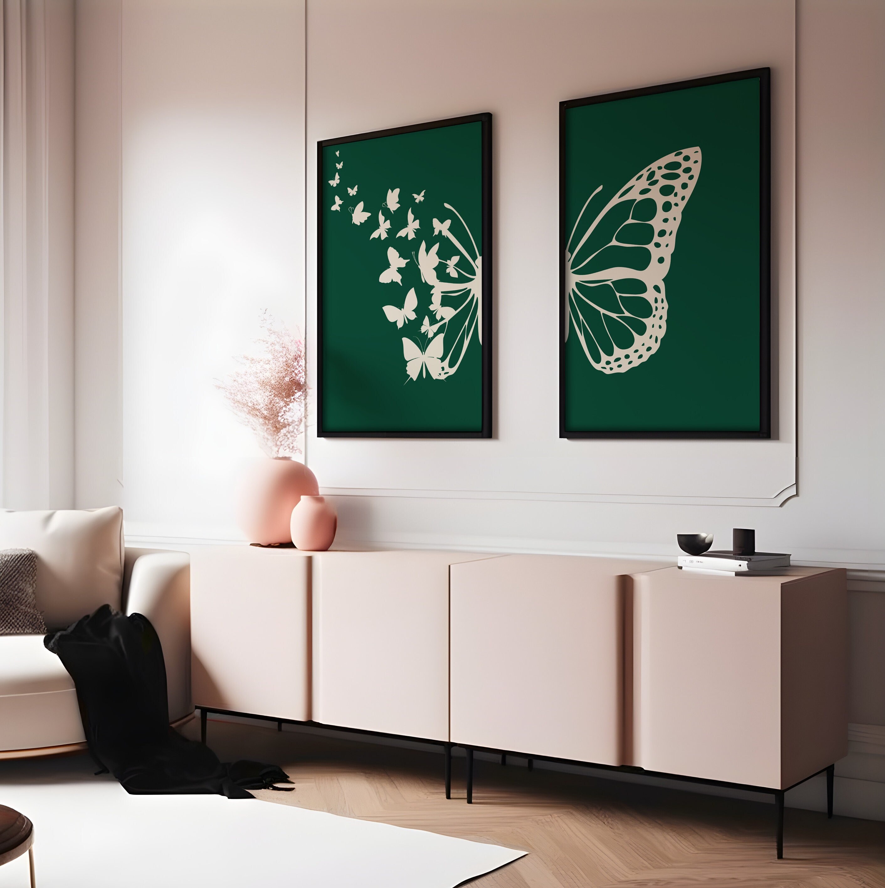 Emerald Green Butterfly Print Set: Minimalist Wall Art (digital ...