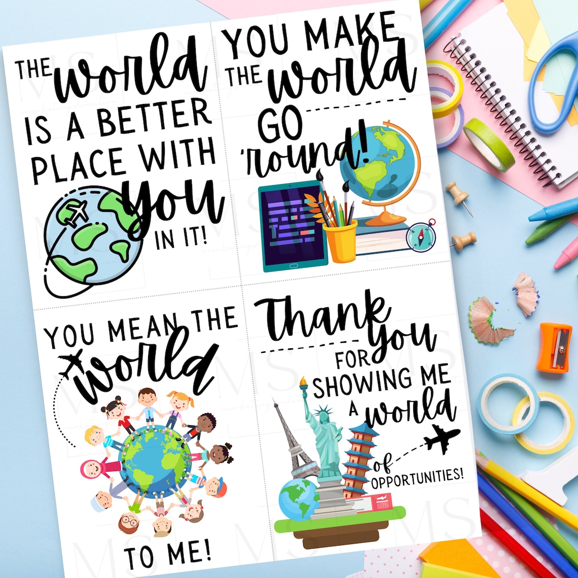 Teacher Appreciation Digital Download Cards Around the World Theme ...