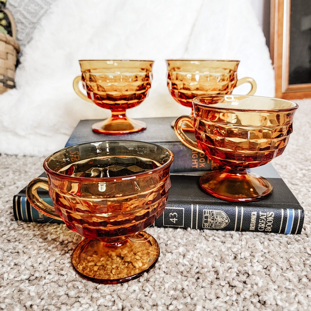 Vintage 70s Amber Glass Mug Set 4 Mugs Kitchenware Glassware Amber ...