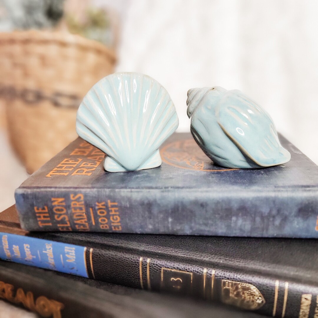 Teal Blue Ceramic Seashell Salt & Pepper Shakers Home Decor, Ocean ...