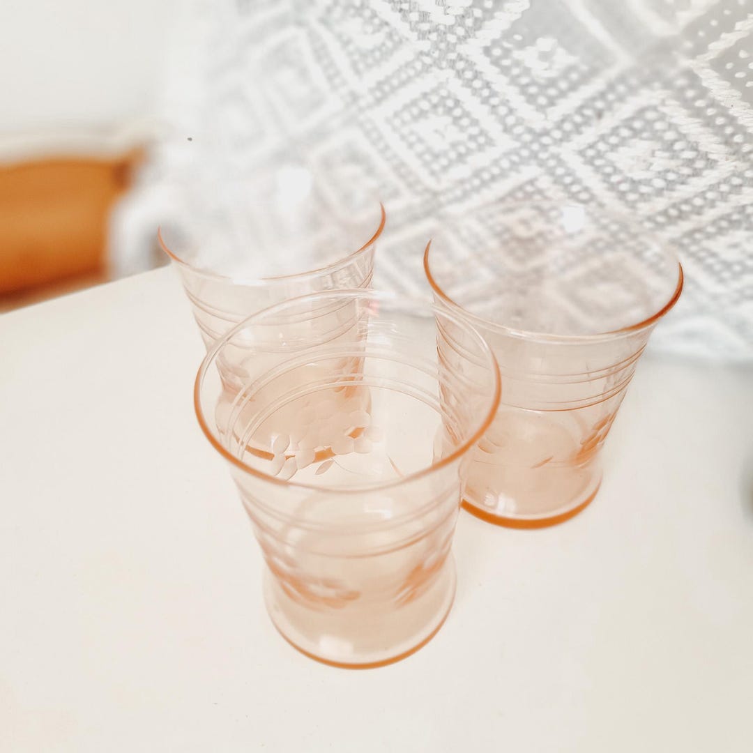 Vintage Matching Pink Etched Glass Cups - Set of 3 | Vintage ...