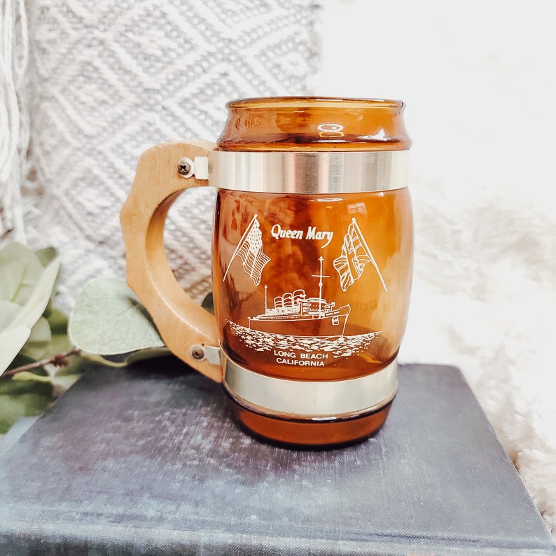 Vintage Amber Glass Queen Mary Mug With Wooden Handle | Vintage Coffee ...