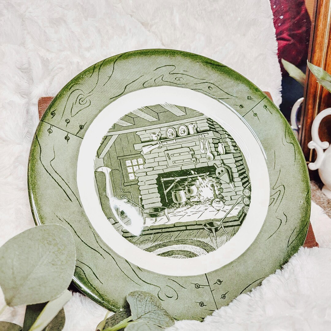 Vintage Colonial Homestead Decorative Green Plate | Vintage Plates ...