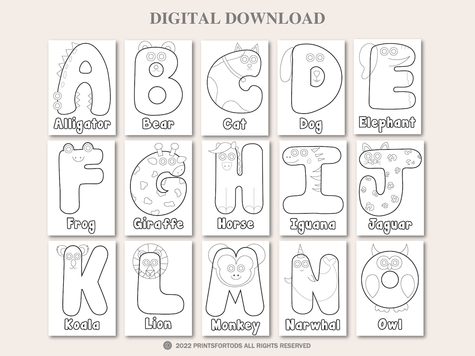 Printable Animal Alphabet Flashcards, Colouring Pages for Children ...