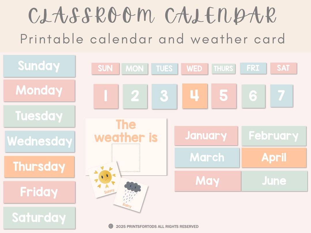 2025 Classroom Calendar Display and Weather Chart, Pastel Classroom ...