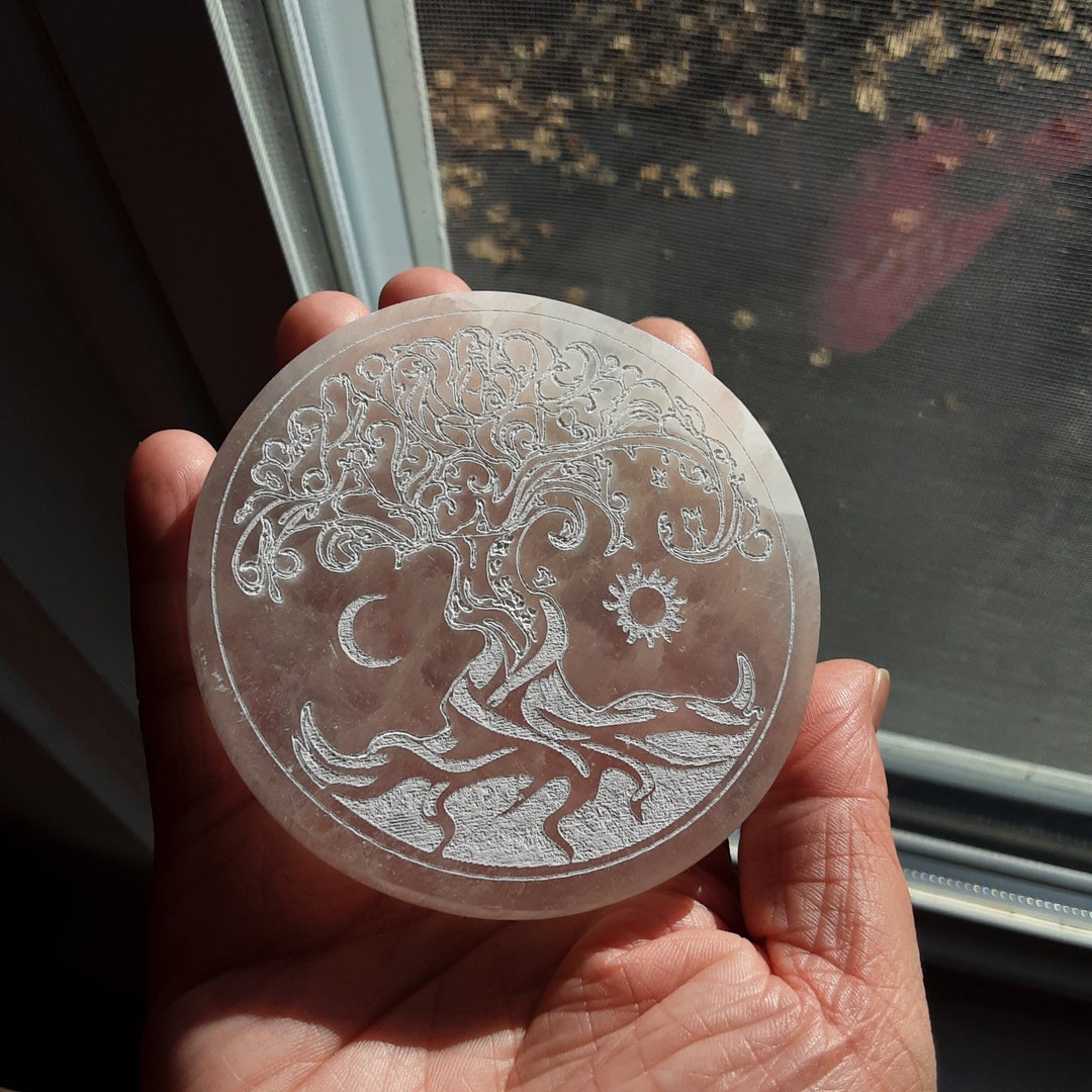 Selenite Etched Tree of Life With Moon and Sun Celestial - Etsy