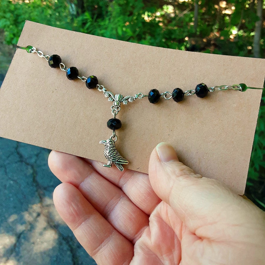 Raven Anklet Witch Gothic Jewelry Bird Black Crystal Beaded Adjustable ...