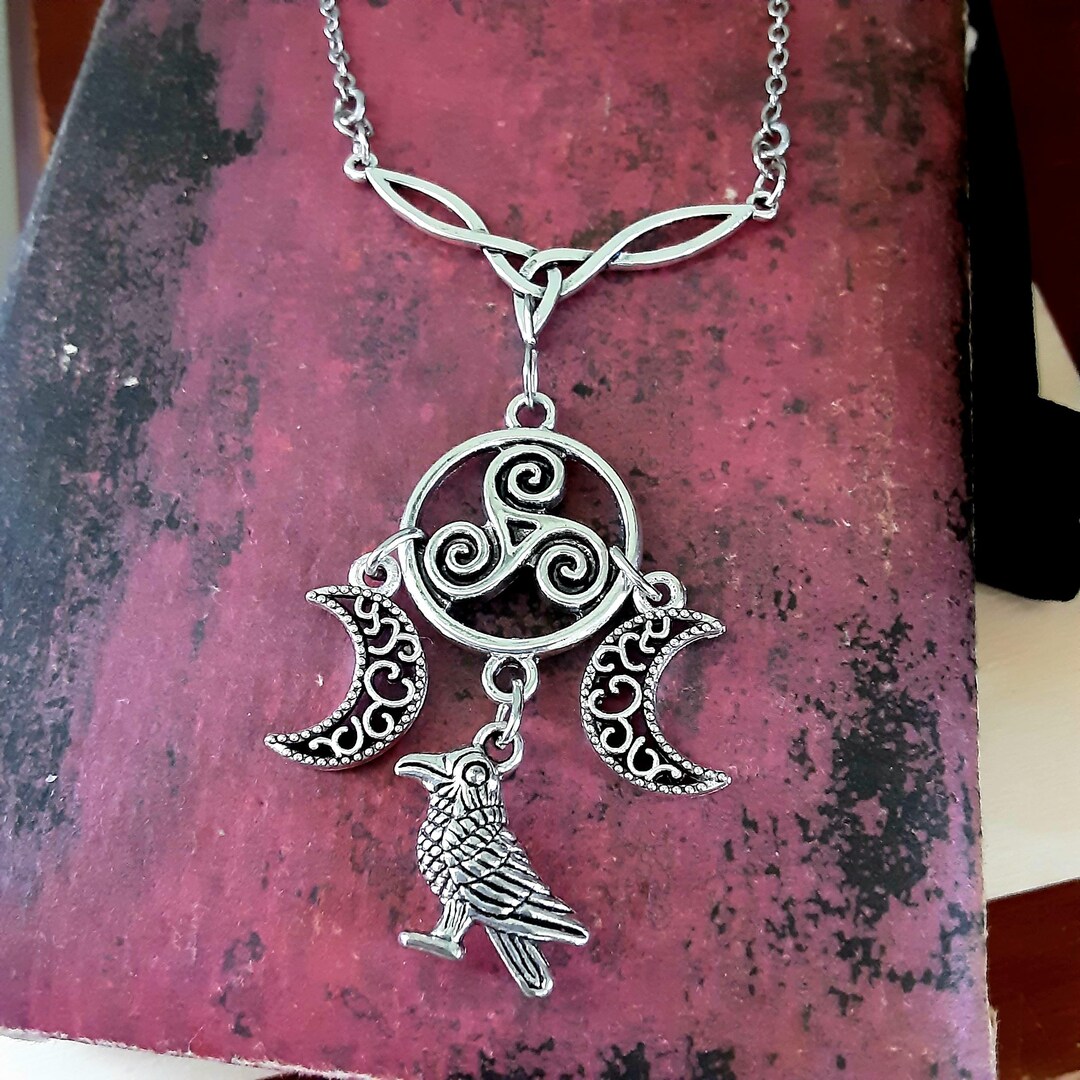 The Morrigan Necklace With Triskele, Crescent Moons and Raven, Celtic ...