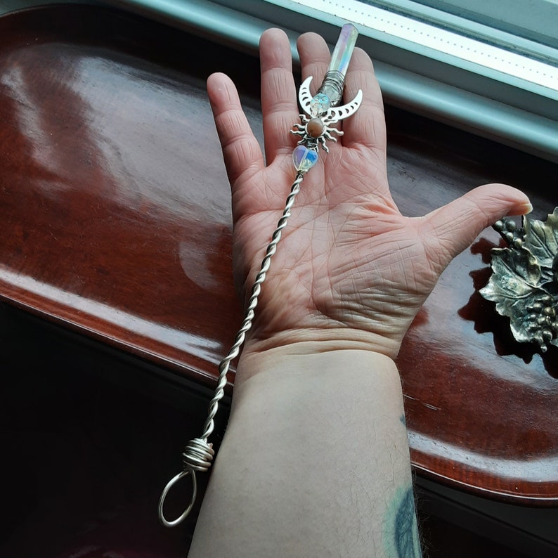 Wand Fae Queen Quartz Crystal Wand With Moon Phase Sun and Gemstone ...