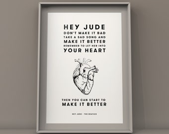 The Beatles Wall Art the Beatles Song Quote Hey Jude Print the Beatles ...
