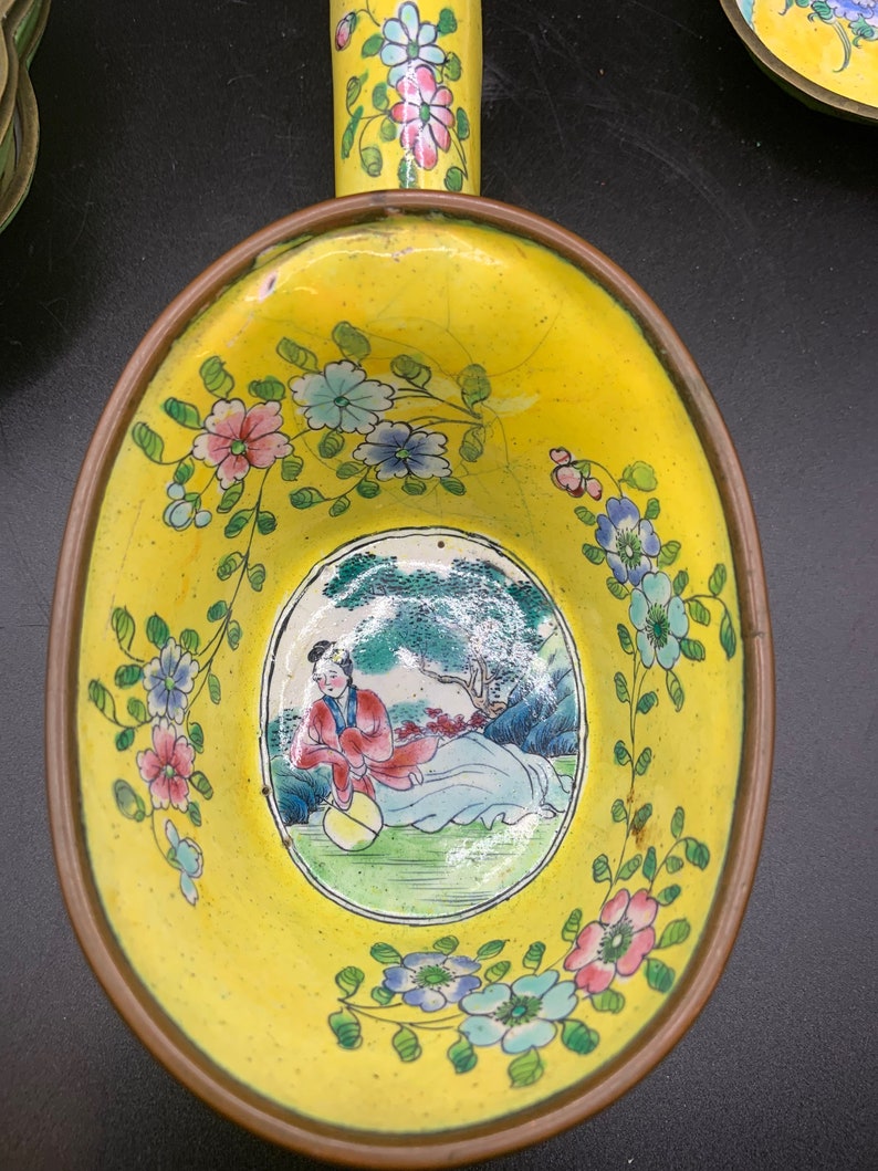 Antique Chinese Canton Enamel on Metal Rose Canton Dishes With Handled ...