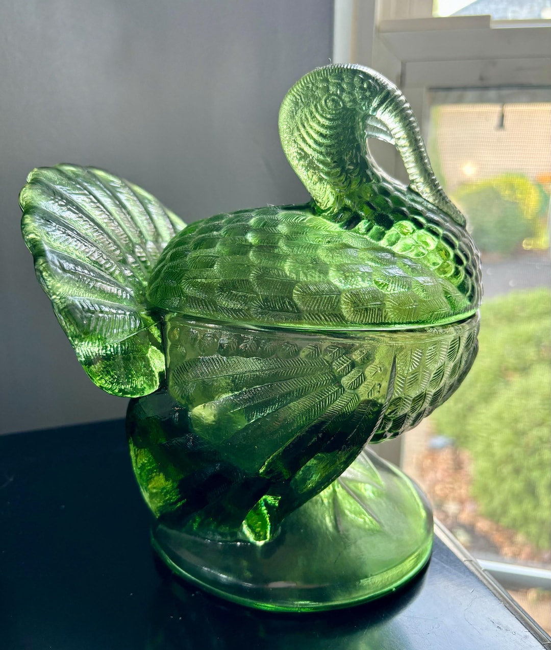 Vintage 1960s LE Smith Green Glass Turkey Covered Dish Marked on the ...