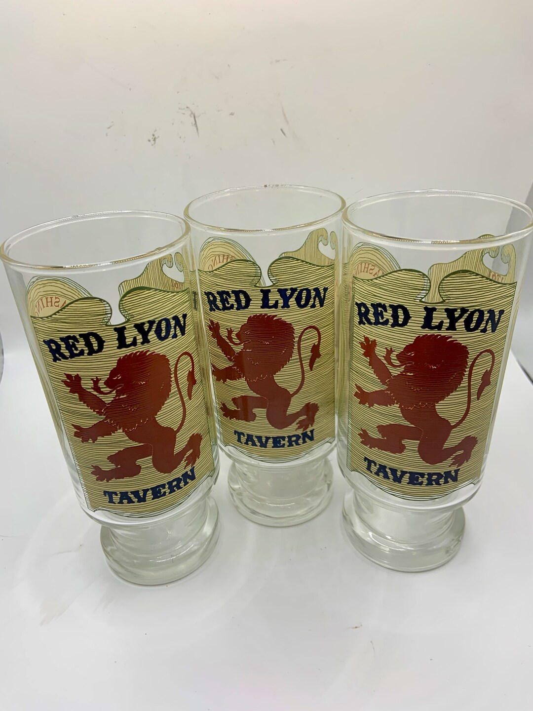 Vintage RARE “red Lyon Tavern” High-ball MCM Bar Glasses 3 Sided Image ...