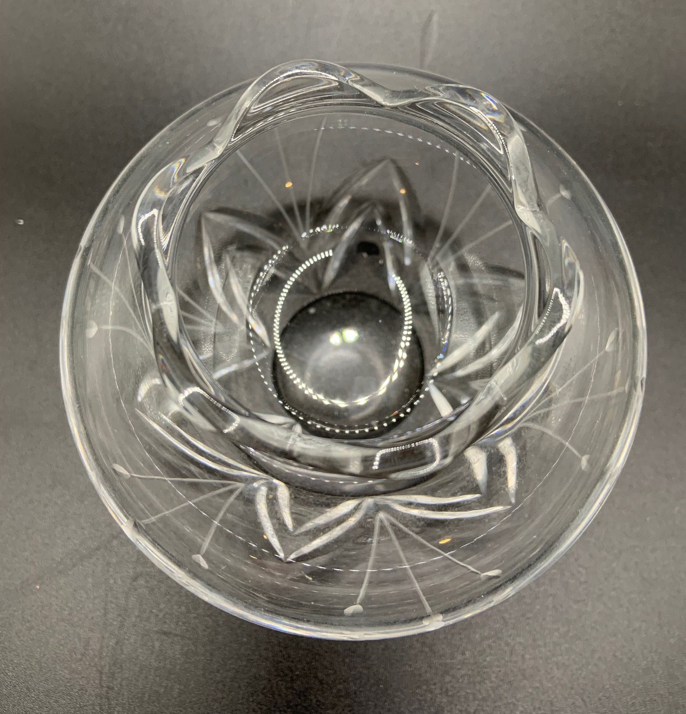 Etched Floral Cut Crystal Glass Fish Bowl Shaped Vase W/ Scalloped Rim ...