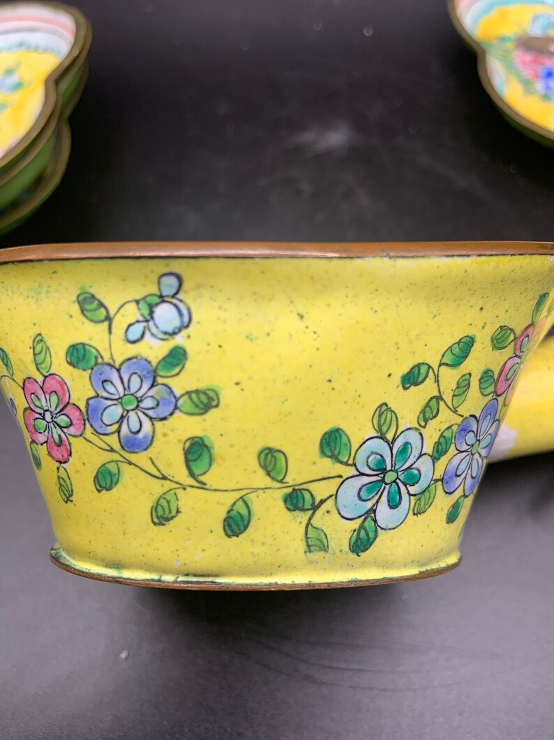 Antique Chinese Canton Enamel on Metal Rose Canton Dishes With Handled ...