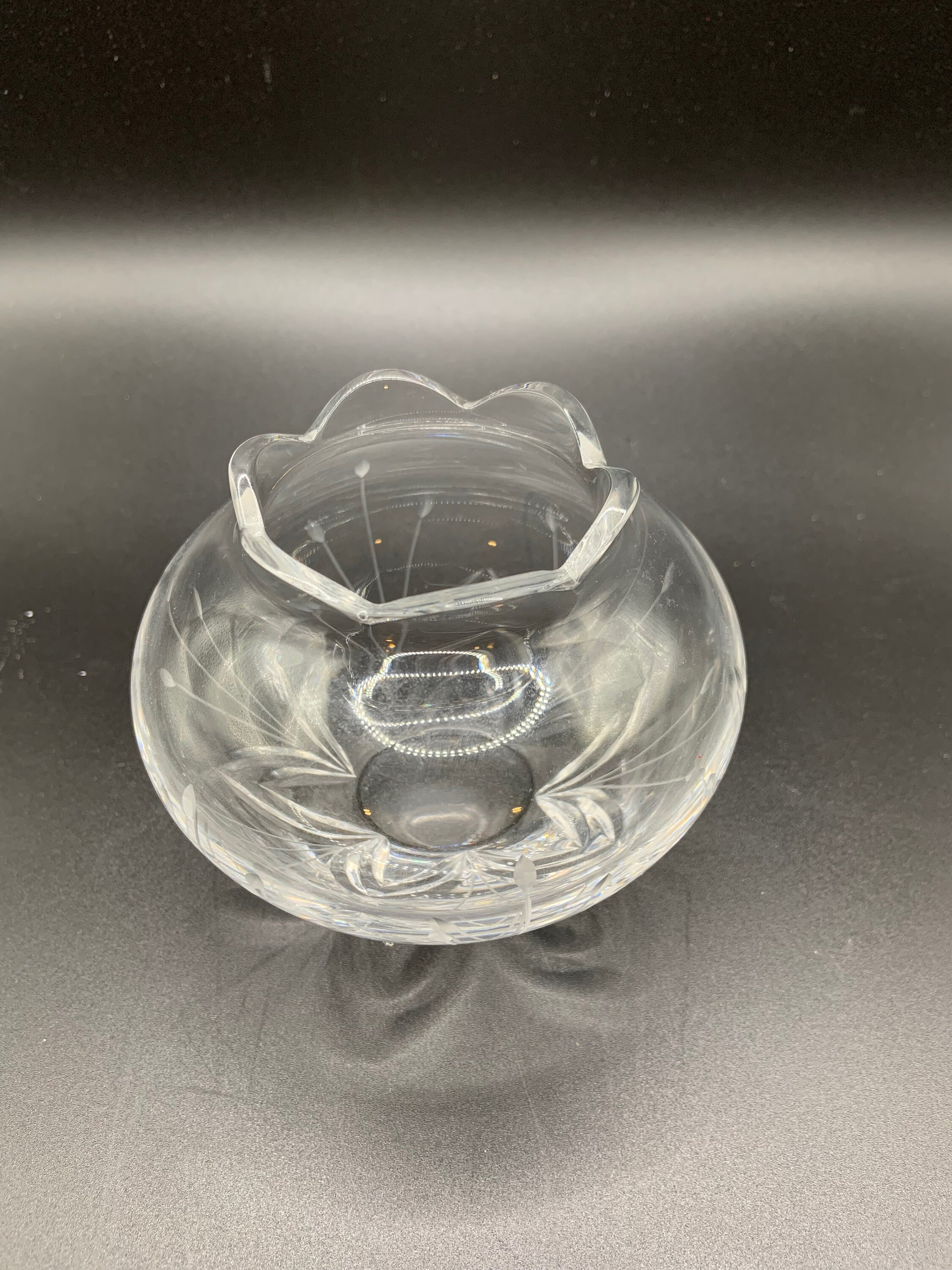 Etched Floral Cut Crystal Glass Fish Bowl Shaped Vase W/ Scalloped Rim ...