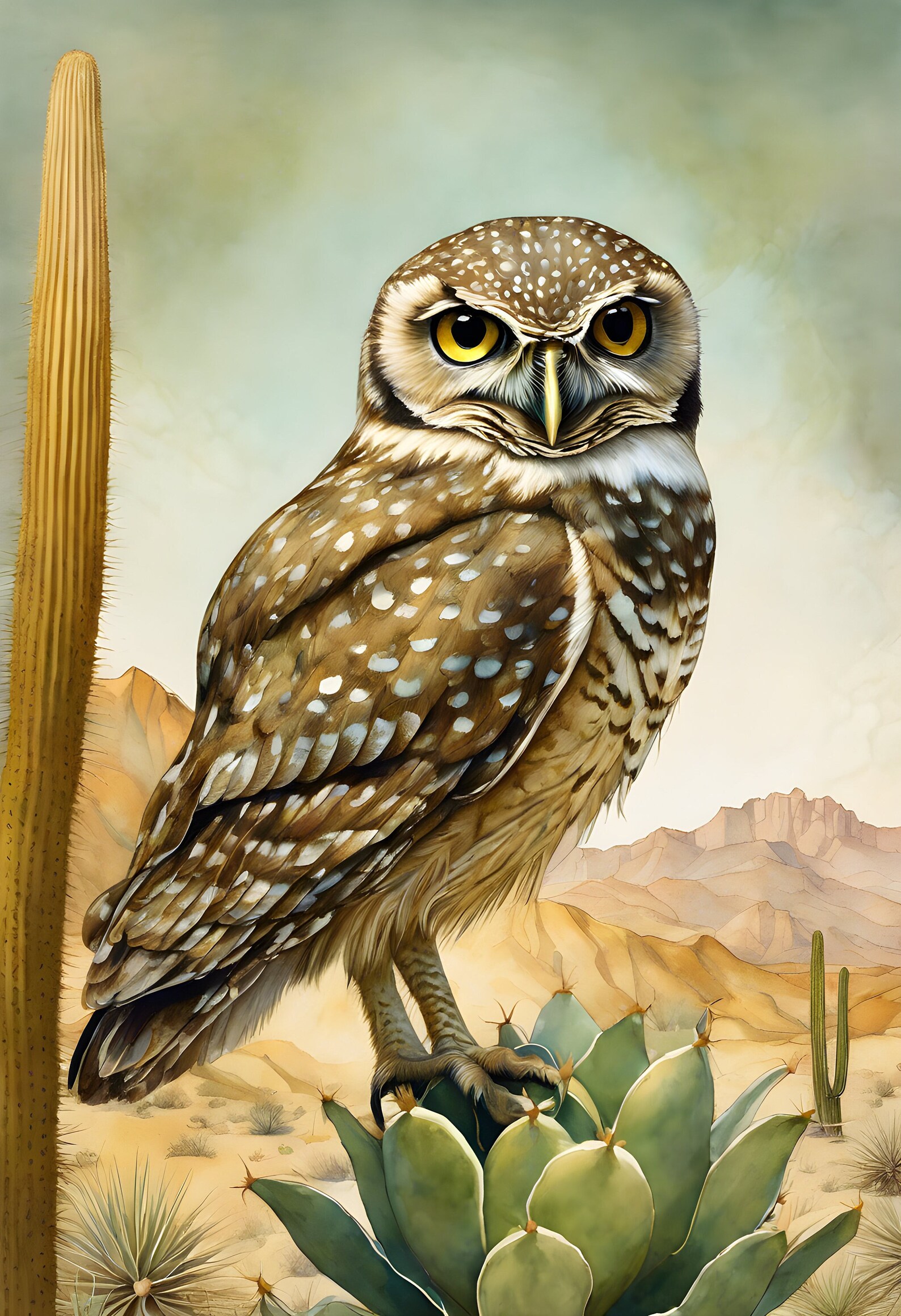 Burrowing Owl Painting Watercolor Mojave Sonoran Hoot Southwest Arid ...