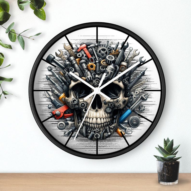 Industrial Skull Wall Clock Round Clock With Gears, Tools, Metal Design ...