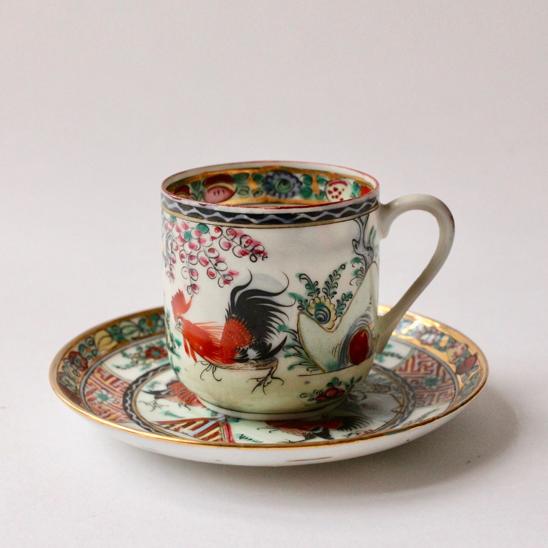 Japanese Vintage Bone China Cup and Saucer, Cockerel Design, Gold Trim ...