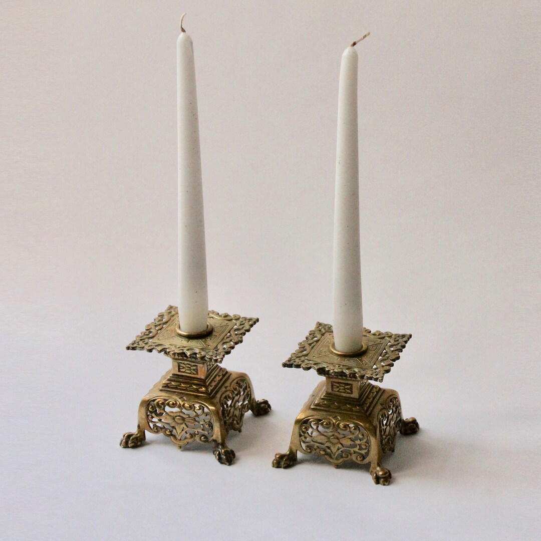 A Pair of Brass 19th Century Asian Claw Foot Candle Sticks, Square ...