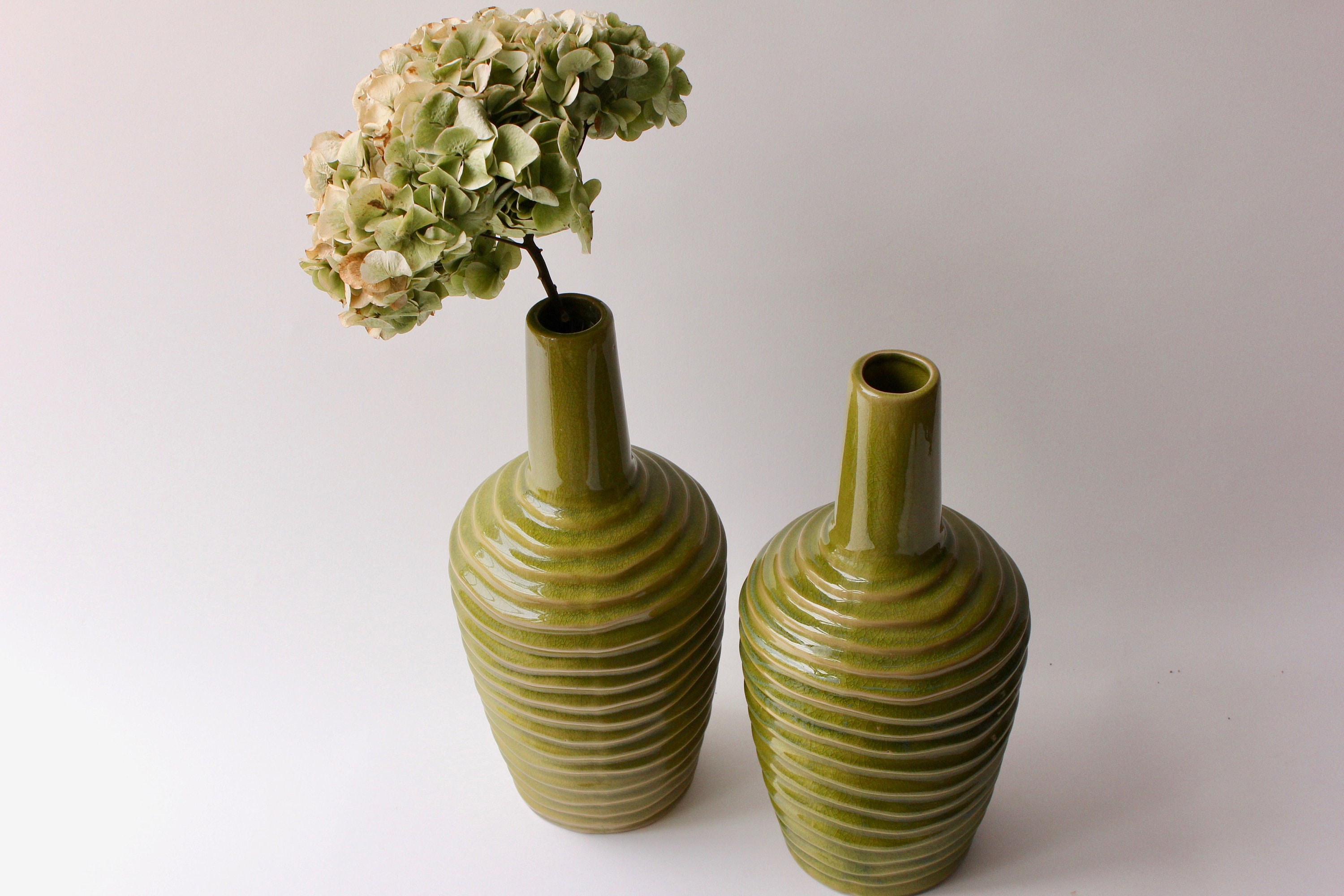 Pair of Pottery Vases Pale Moss Green Ribbed Structure - Etsy