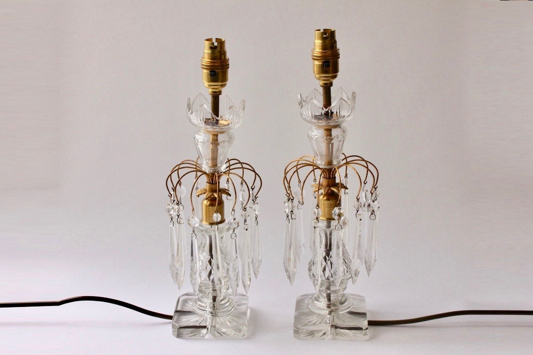 1920's Pair of Crystal Drop Lamps, Cut Glass, Vintage, Bedside Light ...