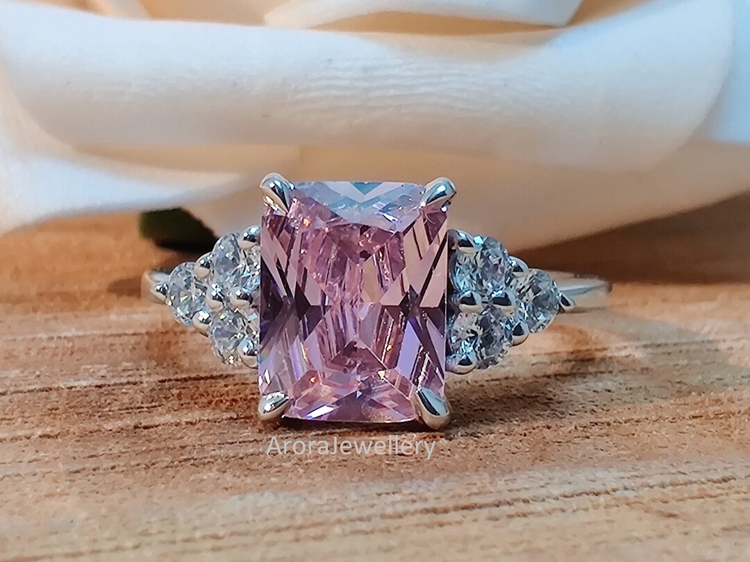 Pink Diamond Ring, 3 Stone Style Engagement Ring, 2.50 Carats Radiant ...