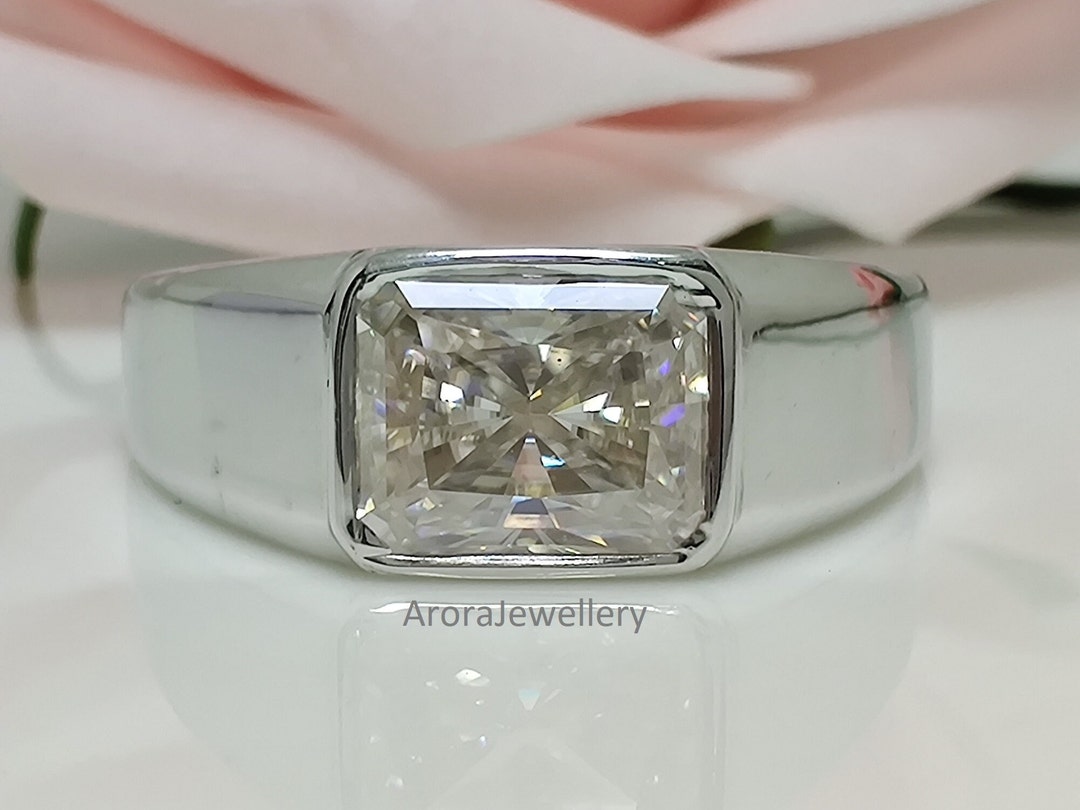 Bezel Set Radiant Cut Lab Diamond Mens Engagement Ring 2.40CT White Lab ...