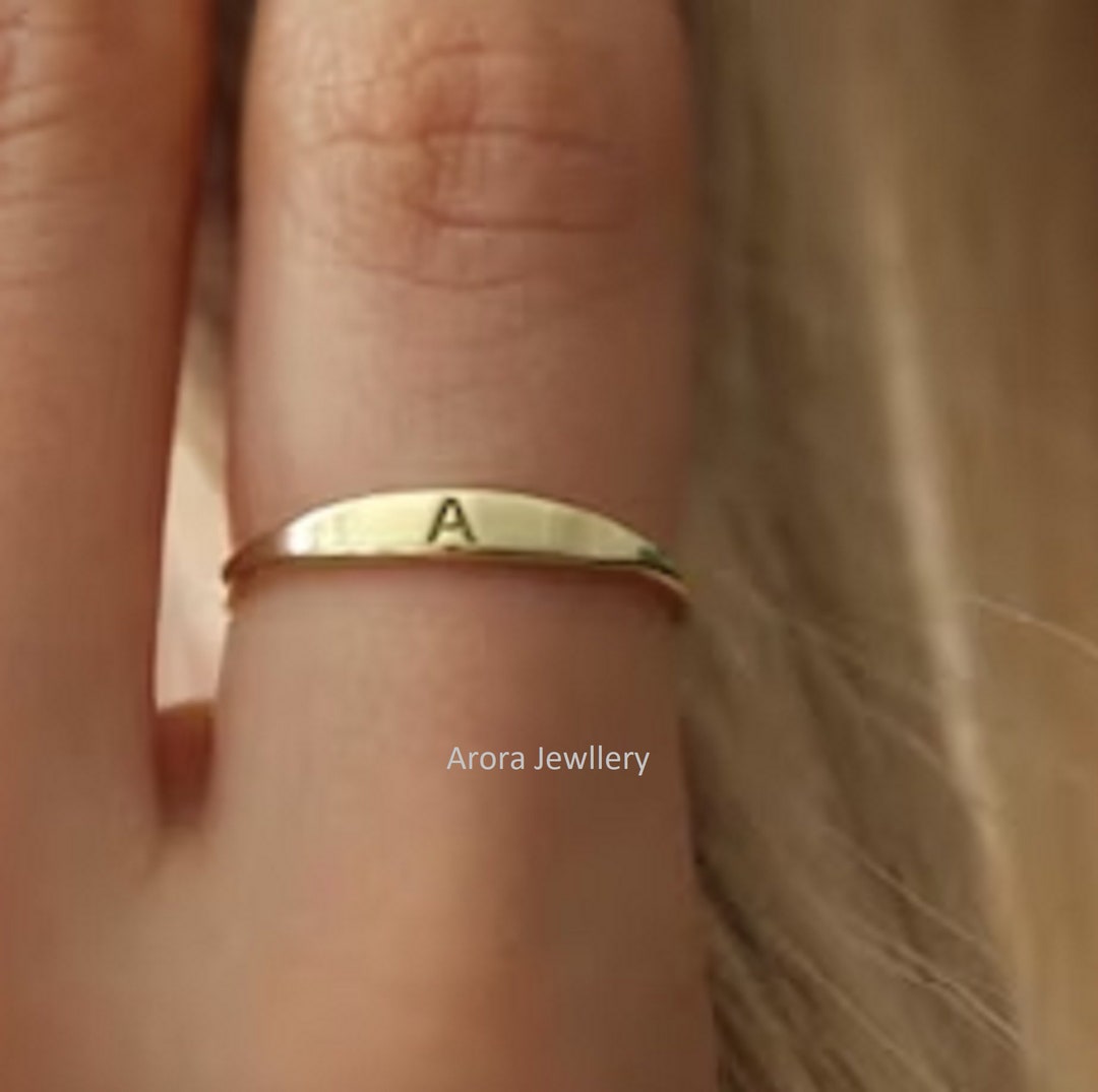 14K Gold Signet Ring Custom Initial Ring Dainty Ring Stamped Ring ...