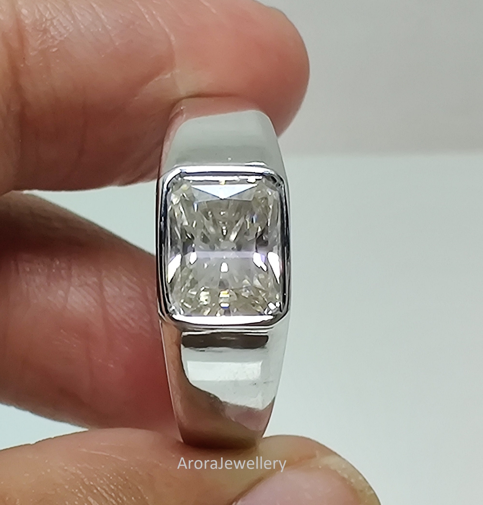 Bezel Set Radiant Cut Lab Diamond Mens Engagement Ring 2.40CT White Lab ...