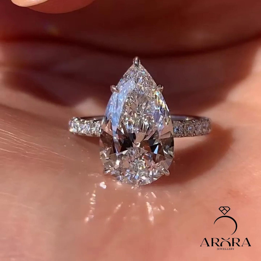 Pear Shape Moissanite Engagement Ring, 3 CT Tear Drop Hidden Halo, 14K ...