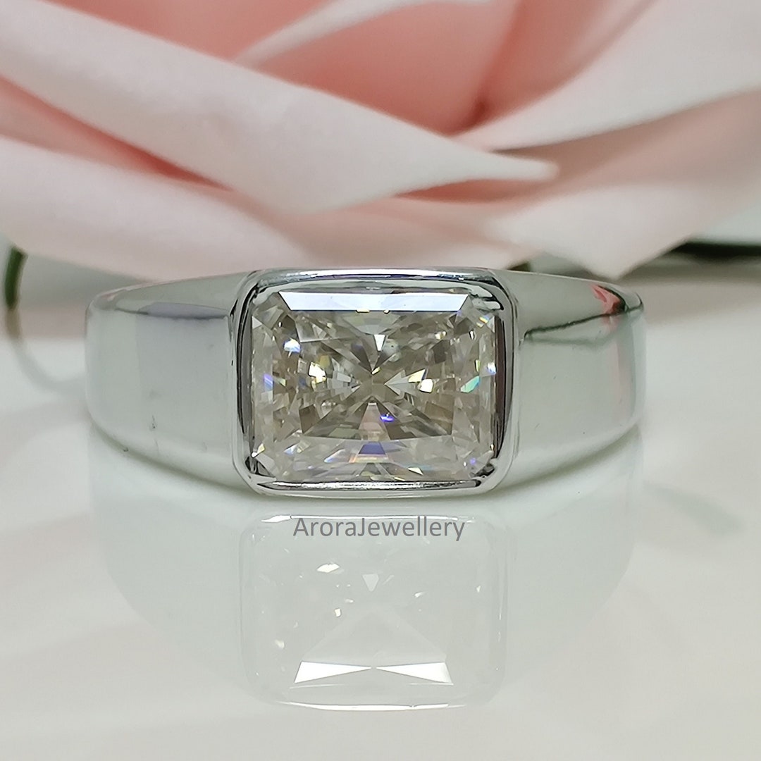 Bezel Set Radiant Cut Lab Diamond Mens Engagement Ring 2.40CT White Lab ...